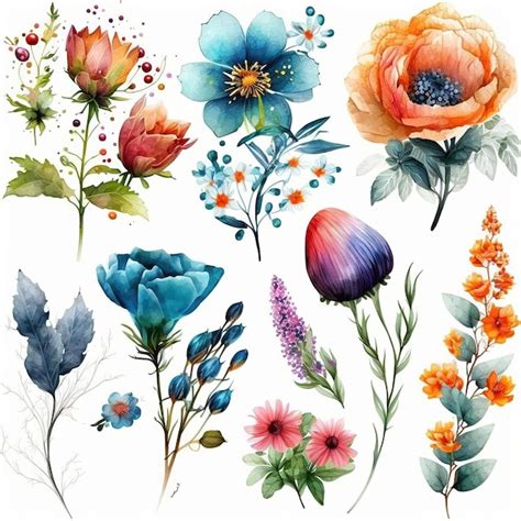 Conjunto De Flores Em Aquarela Sobre Fundo Branco Foto Premium