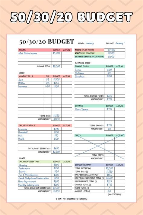 Printable 50 30 20 Budget Template