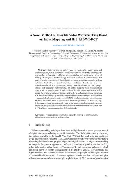 pdf a novel method of invisible video watermarking based on index mapping and hybrid dwt dct