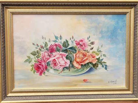 TABLEAU SIGNÉE E MARCEL 1956 Bouquet de Roses Peinture huile sur