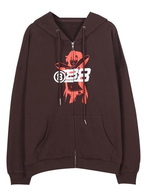 2021 Vintage Printed Zip Up Hoodie Brown L In Hoodies And Sweatshirts Online Store Best For Sale