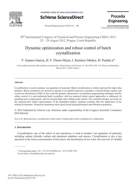 pdf dynamic optimization and robust control of batch crystallization