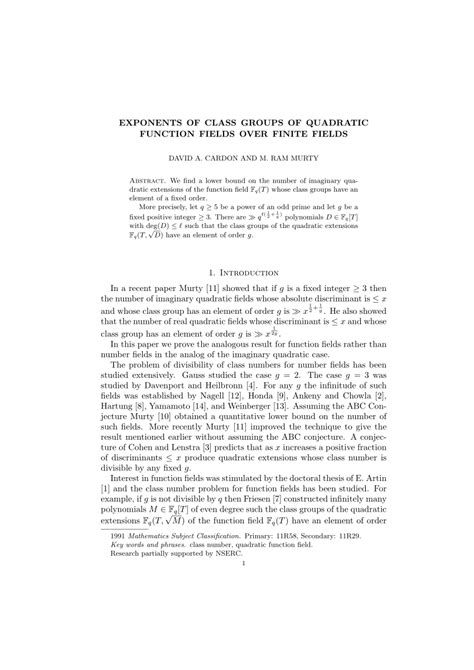 pdf exponents of class groups of quadratic function fields over finite fields