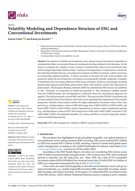 pdf volatility modeling and dependence structure of esg and conventional investments