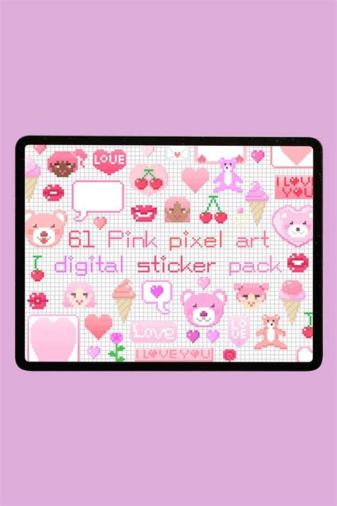 61 Pink Pixel Art Digital Sticker Pack Cute Pixel Art Sticker Pack
