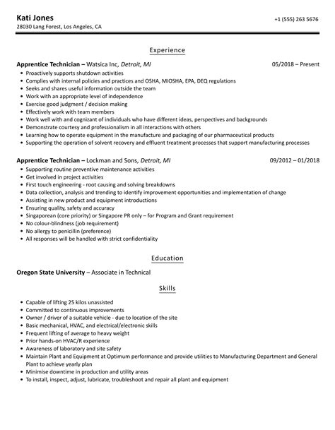 Apprentice Technician Resume Samples Velvet Jobs