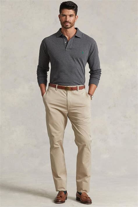 Men S Khaki Pants Long Sleeve Knitted Grey Polo Shirt And Brown
