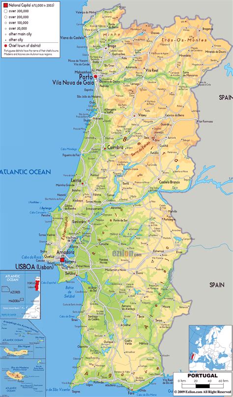 Large Physical Map Of Portugal With Roads Cities And Airports
