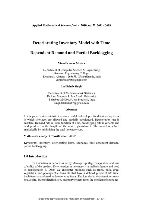 pdf deteriorating inventory model with time dependent demand and partial backlogging
