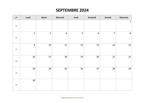 Calendrier Septembre 2024 à imprimer
