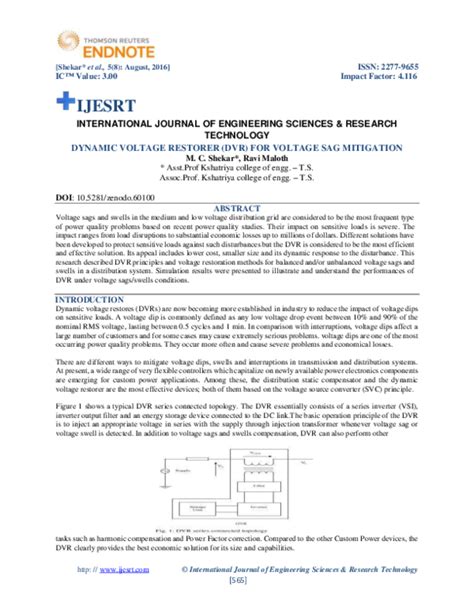 pdf dynamic voltage restorer dvr for voltage sag mitigation ijesrt journal
