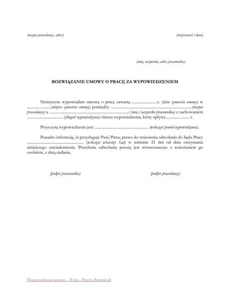 Wzór oświadczenia pracodawcy o rozwiązaniu umowy o pracę z zachowaniem