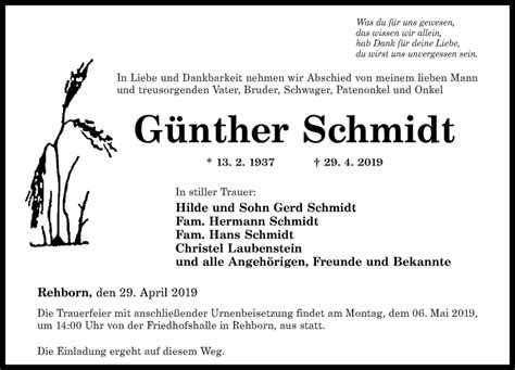 Traueranzeigen von Günther Schmidt rz trauer de