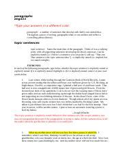 Topic Sentence Paragraph Devolpment And Transitions Exercise