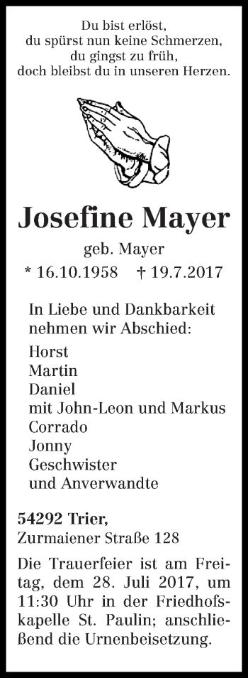 Traueranzeigen Von Josefine Mayer Volksfreund Trauer De