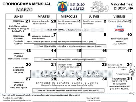 Instituto Juárez 1 Primaria Cronograma de actividades de Marzo 2017