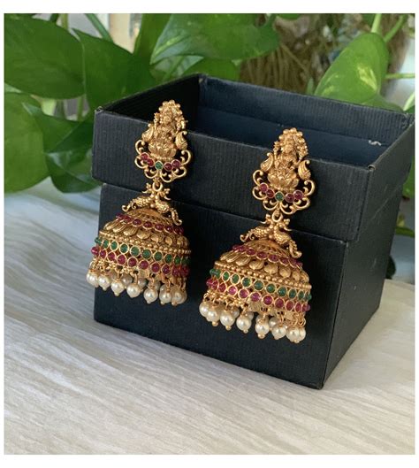 Antique Gold Finished Ruby Emerald Goddess Lakshmi Jhumkas Etsy Gold
