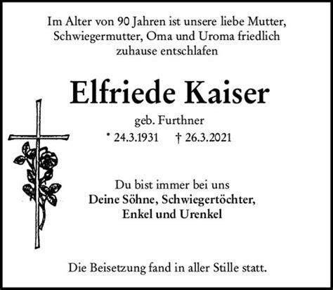 Traueranzeigen Von Elfriede Kaiser Vrm Trauer De