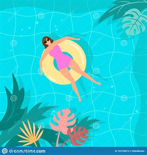 Paisaje Del Verano Con Las Plantas Tropicales Y La Mujer En La Piscina