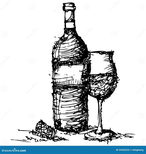Desenho De Esboço Do Vetor Da Garrafa E Do Vidro De Vinho Fotos de