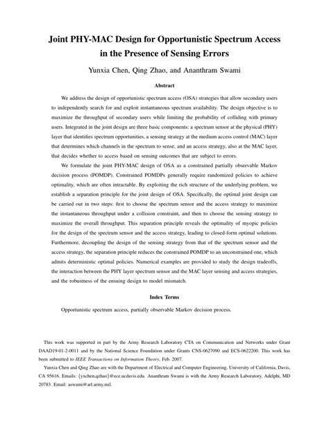 pdf joint phy mac design for opportunistic spectrum access in the presence of sensing errors