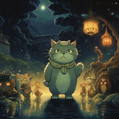 Anime katze steht vor einer gruppe mäuse in einem dunklen wald mit
