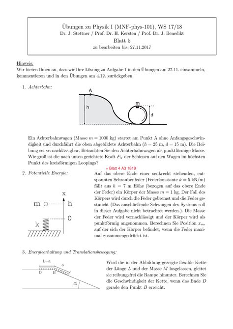 Blatt 5 Physik 1 Übungsaufgaben 2017 2018 Ubungen zu Physik I MNF