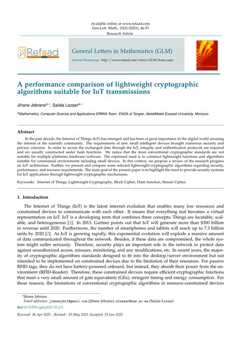 pdf a performance comparison of lightweight cryptographic algorithms suitable for iot