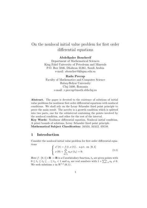 pdf on the nonlocal initial value problem for first order differential equations