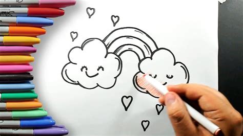 Cómo Dibujar y Colorear Nubes con Corazones y Arcoíris Paso a Paso