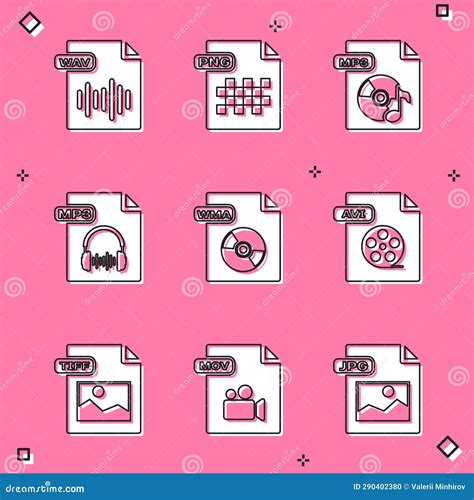 Set Wav File Document Png Mp Wma Avi Tiff And Mov Icon Vector