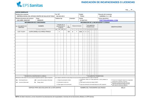 Planilla Radicacion De Incapacidades Y Licencias Radicaci N De Hot