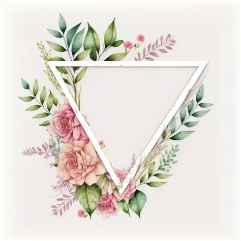 Marco Triangular De Flor Rosa Y Hojas Verdes Con Pintura De Acuarela De