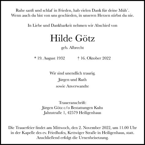 Traueranzeigen von Hilde Götz Trauer in NRW de