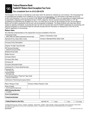 Fillable Online Frbservices FedACH Return Item Exception Fax Form Fax