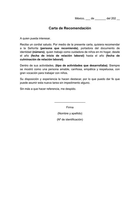 Carta De Recomendaci N Para Ni Era Word Y Pdf
