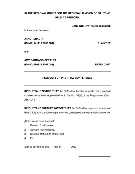 Example Of Request For Pre Trial Conference IN THE REGIONAL COURT FOR