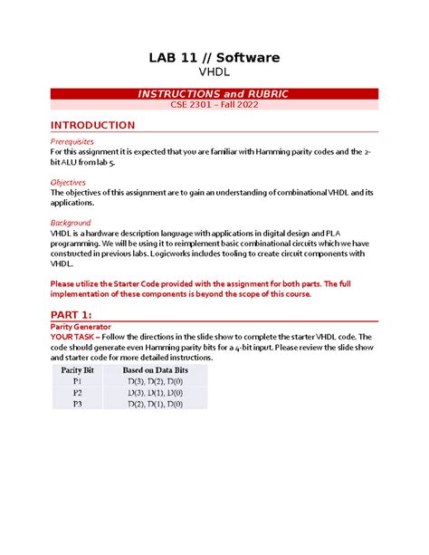 Lab11 VHDL CSE2301 F22 LAB 11 Software VHDL INSTRUCTIONS And