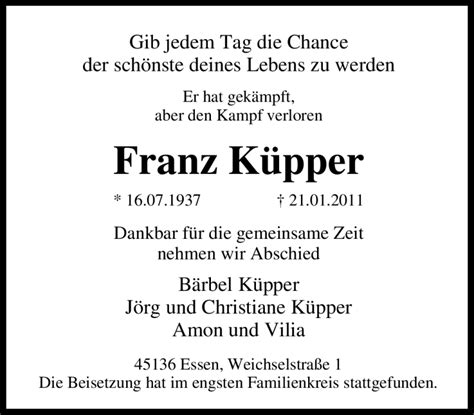 Traueranzeigen von Franz Küpper Trauer in NRW de