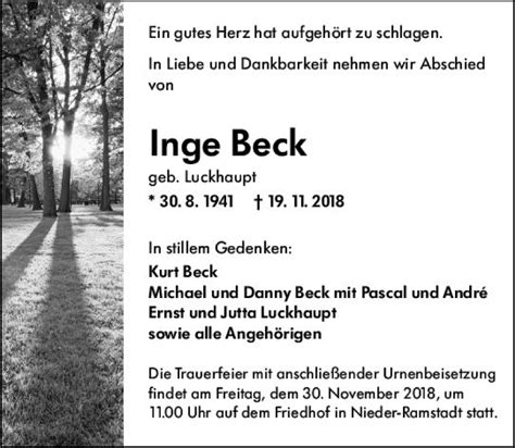 Traueranzeigen Von Inge Beck Vrm Trauer De