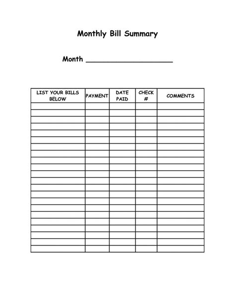 Monthly Bill Summary Doc Organization Bill Payment Organization