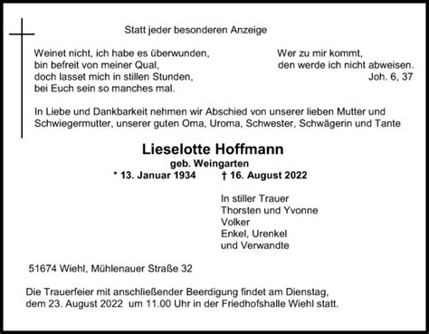 Traueranzeigen Von Lieselotte Hoffmann WirTrauern