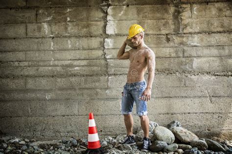 Sexy Muscular Construction Worker Shirtless Outdoor Shot Stock Photo