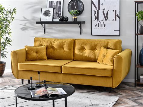 Sofa welurowa z funkcją spania Blink kolor musztardowy Meble pl