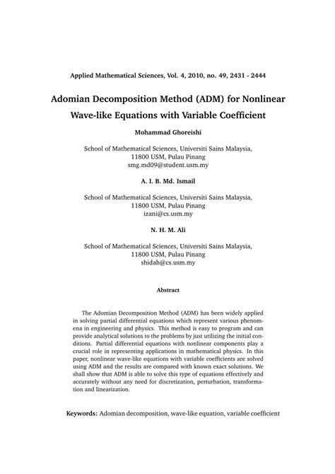 pdf adomian decomposition method adm for nonlinear wave like equations with variable coefficient