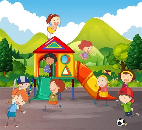 Muchos niños jugando en el patio de recreo Vector Premium