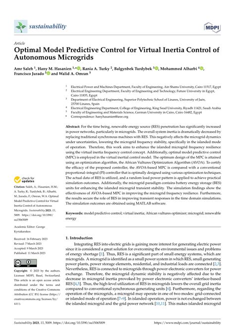 pdf optimal model predictive control for virtual inertia control of autonomous microgrids