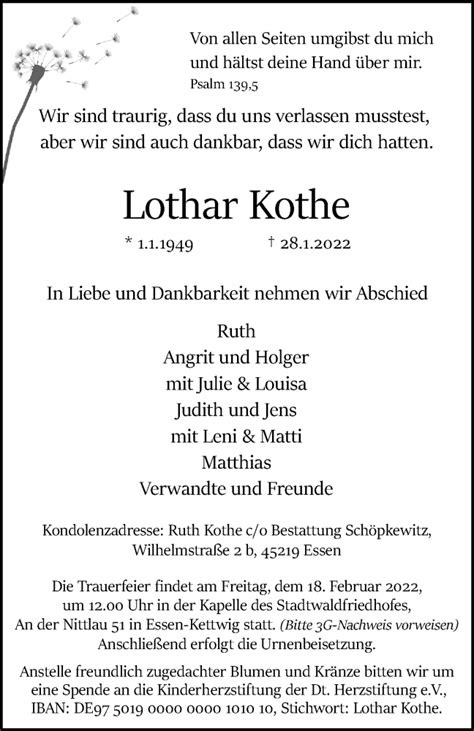 Traueranzeigen Von Lothar Kothe Trauer In Nrw De