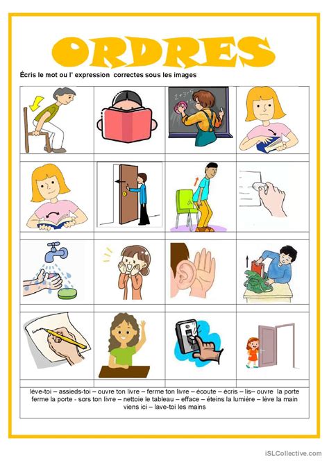 Ordres à l école pratique du vocabul Français FLE fiches pedagogiques