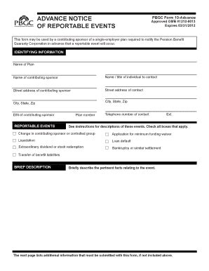 Fillable Online Pbgc OF REPORTABLE EVENTS Pbgc Fax Email Print